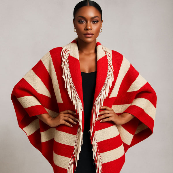 DST Inspired Cardigan Sweater Red and Cream Stripe Fringe Cocoon Cardi ...